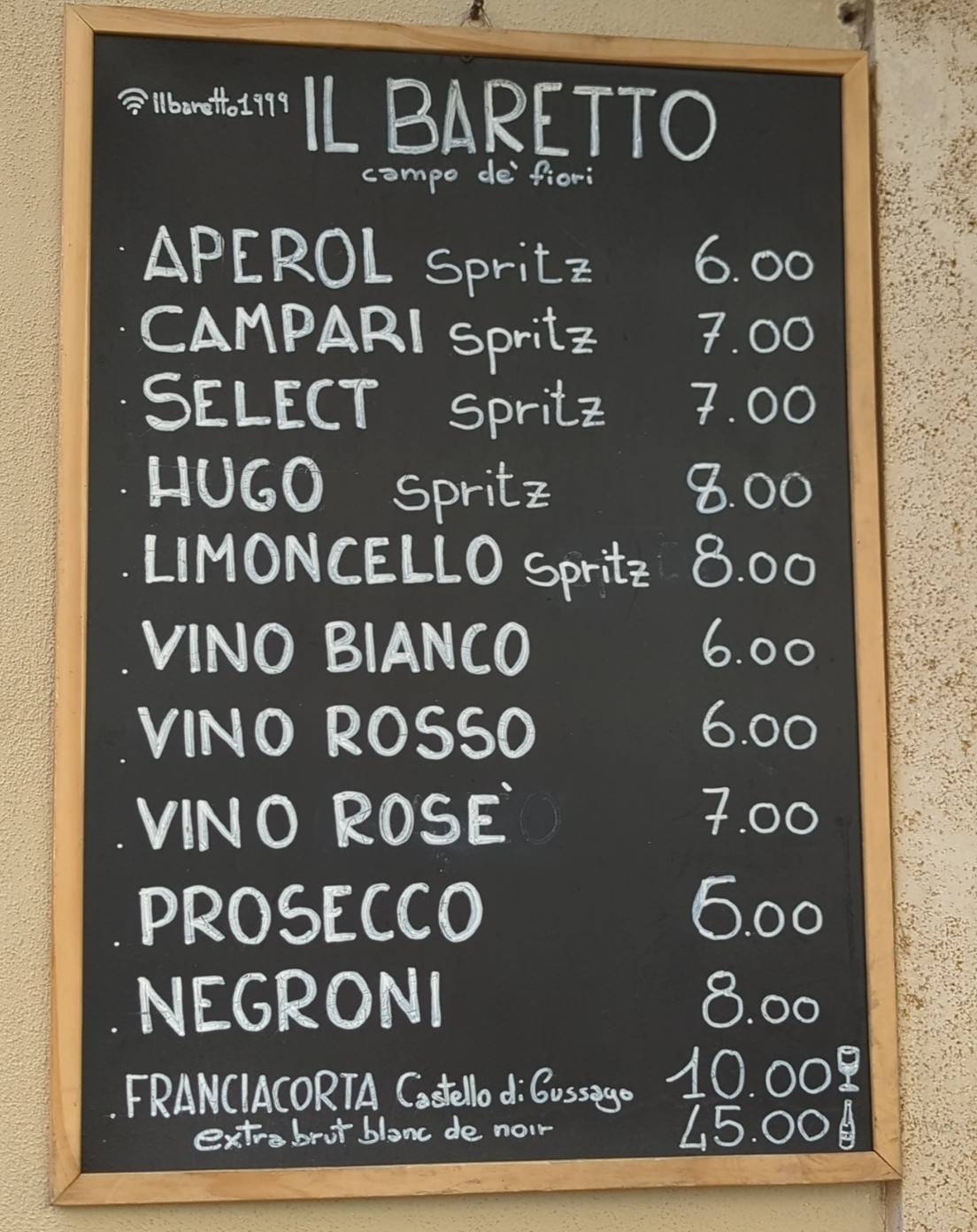 Menu at Il Baretto, Rome, Piazza Pollarola
