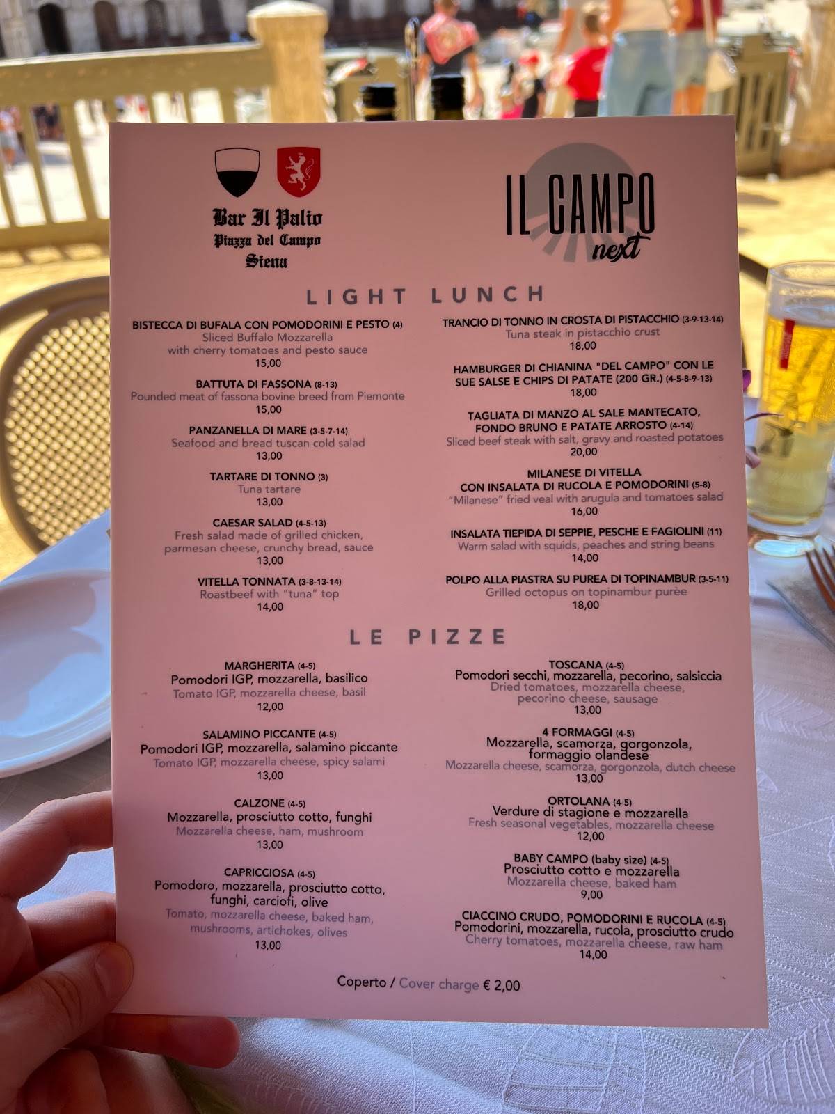 Menu da Il Campo ristorante, Siena, Il Campo
