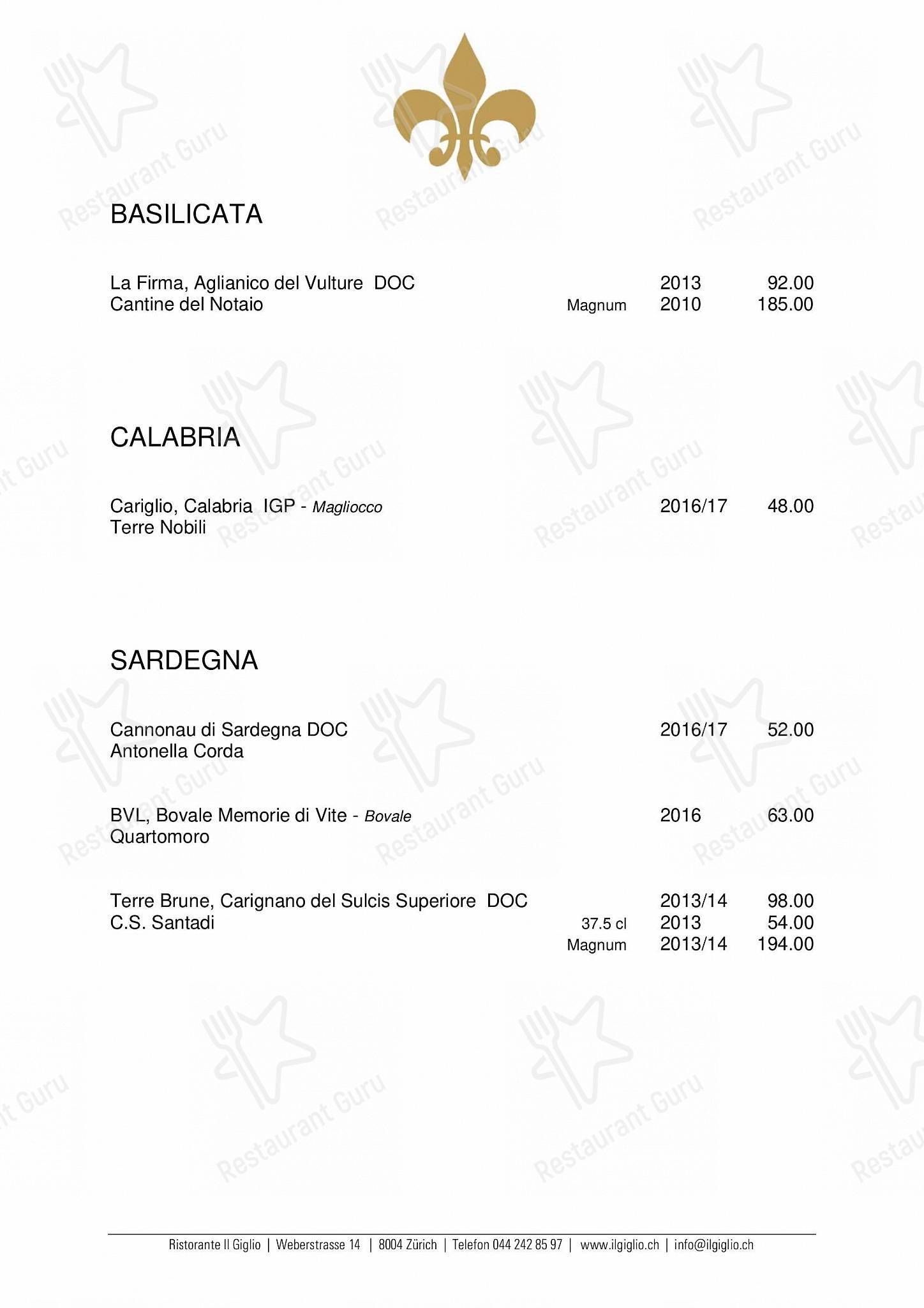 Menu da Il Giglio, Zurigo, Weberstrasse 14