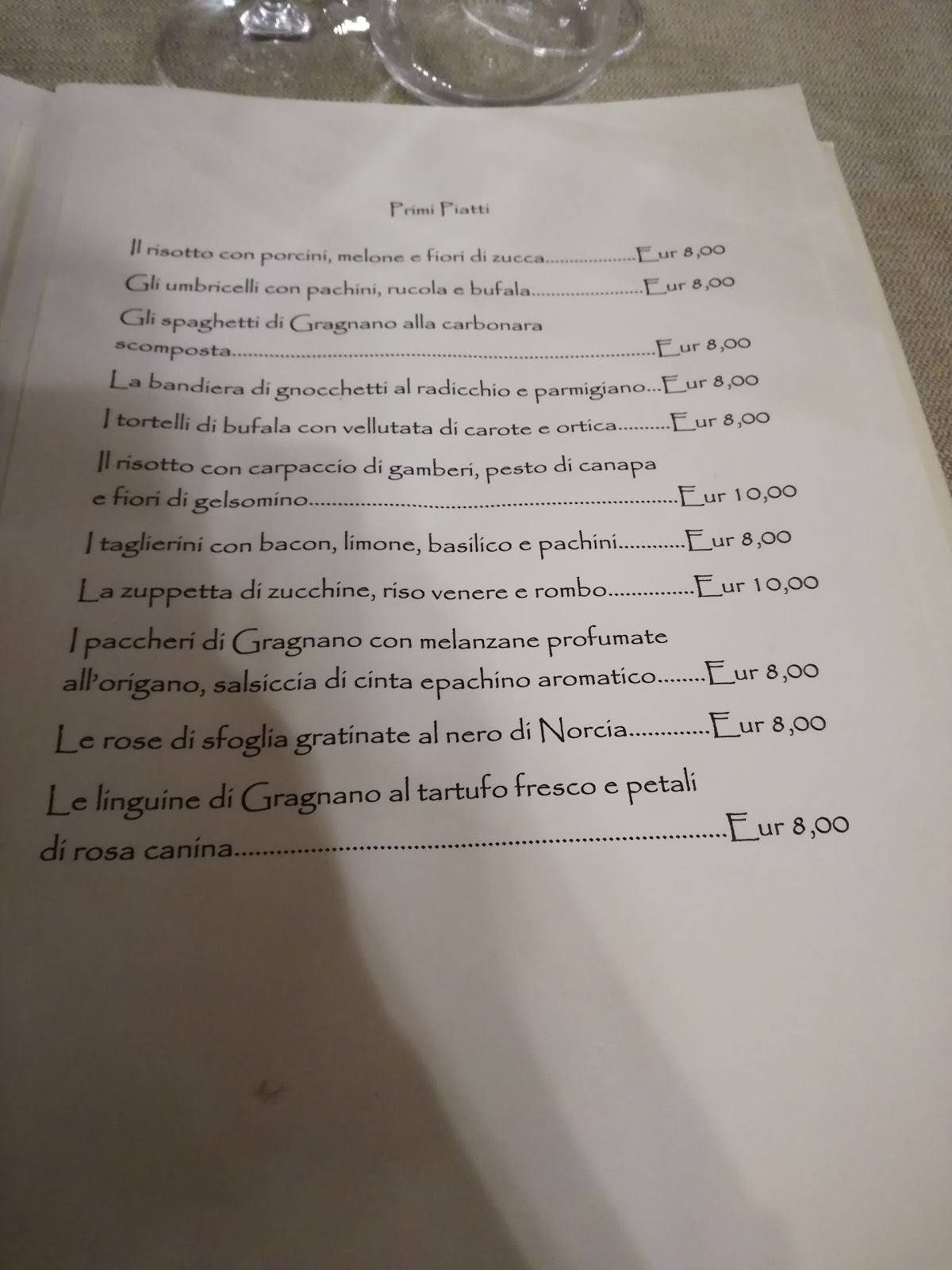Menu at Il Poeta Contadino restaurant, Perugia
