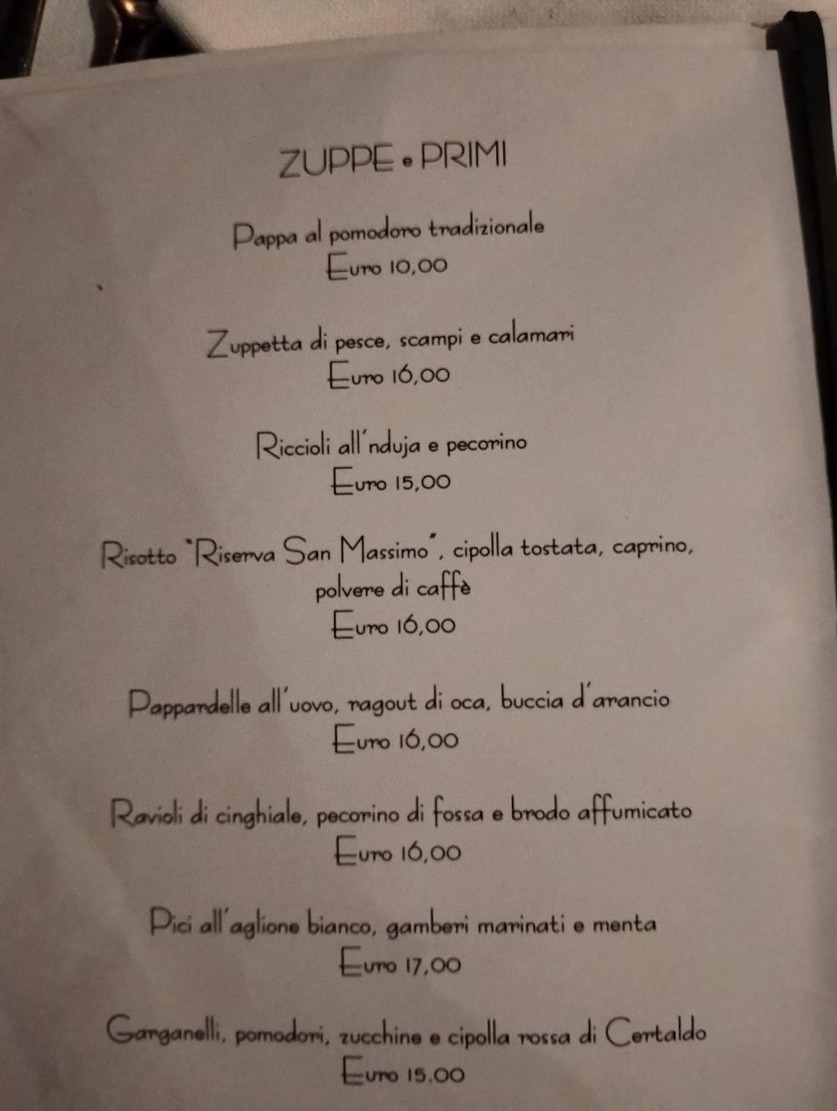 Menu at Il Santo Bevitore restaurant, Florence, Via Santo Spirito