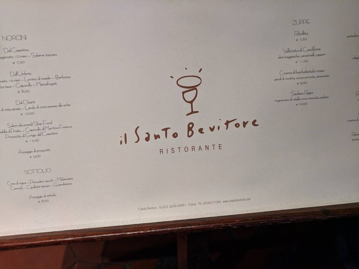 Menu at Il Santo Bevitore restaurant, Florence, Via Santo Spirito