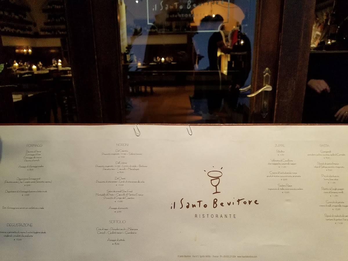 Menu at Il Santo Bevitore restaurant, Florence, Via Santo Spirito