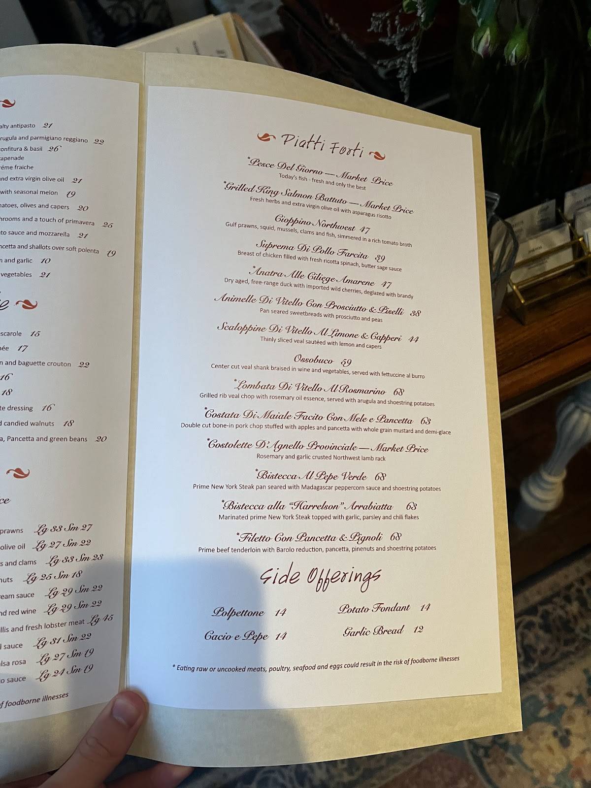 Carta del restaurante Il Terrazzo Carmine, Seattle