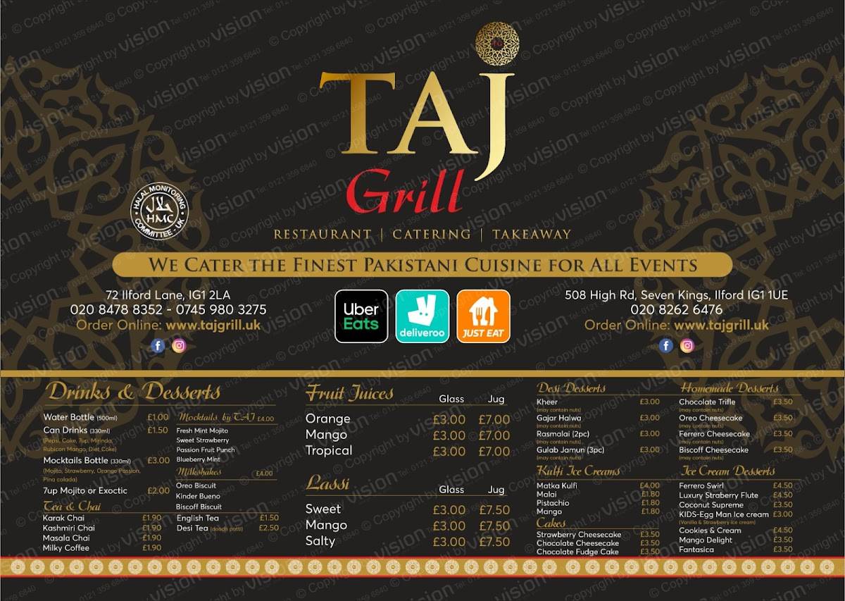 Menu at Taj Grill restaurant, Ilford, 72 Ilford Ln