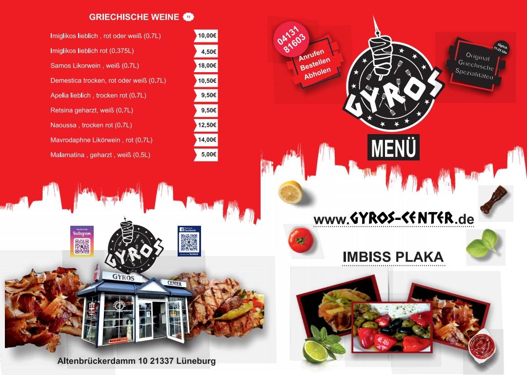 Speisekarte von Imbiss Plaka "GYROS-CENTER" restaurant, Lüneburg