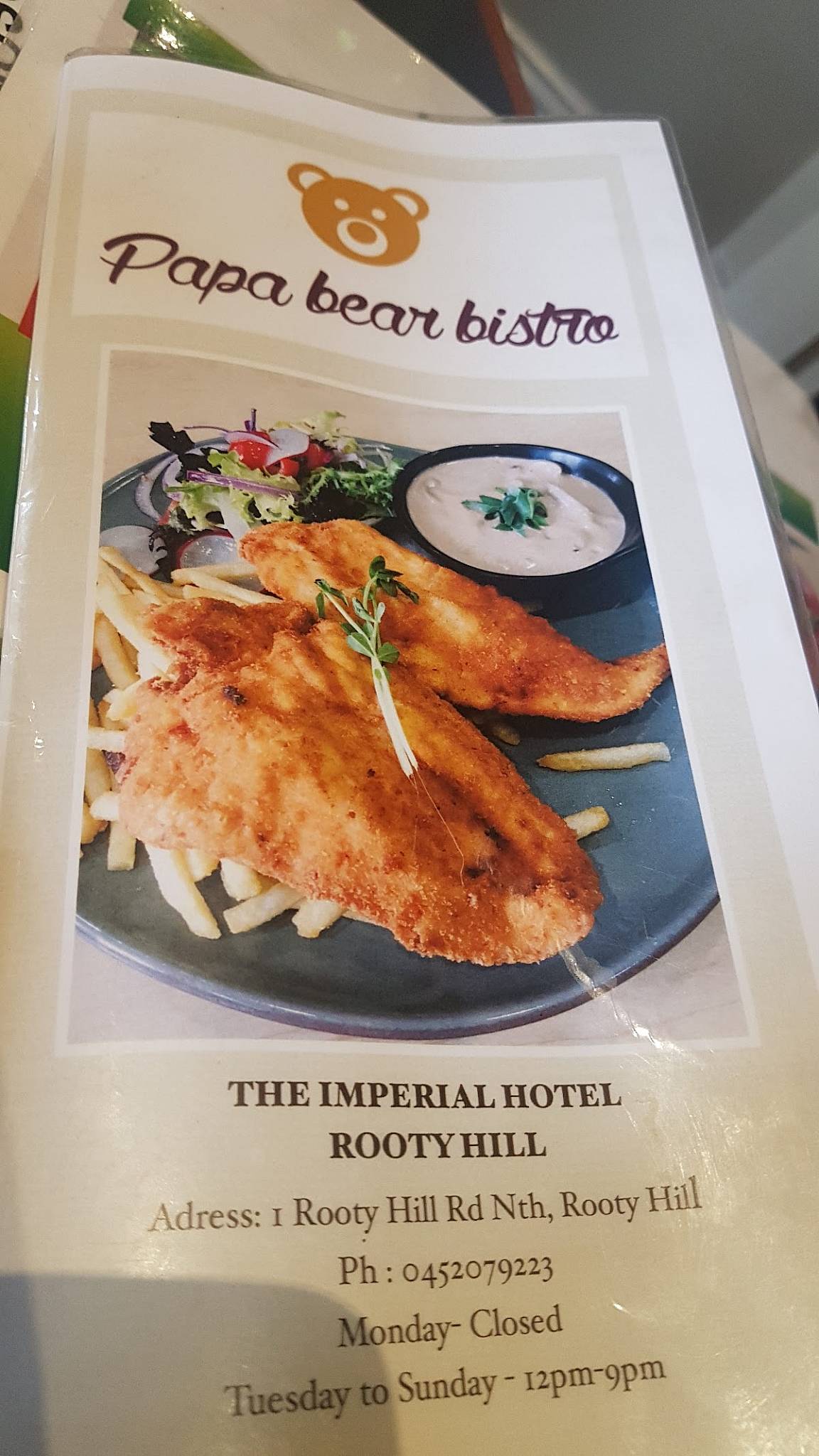 Menu at Imperial Hotel restaurant, Rooty Hill