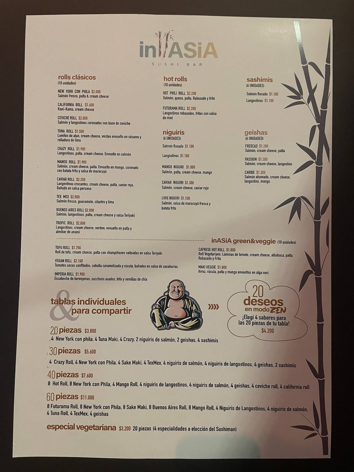 Carta de InAsia Sushi Bar, Buenos Aires