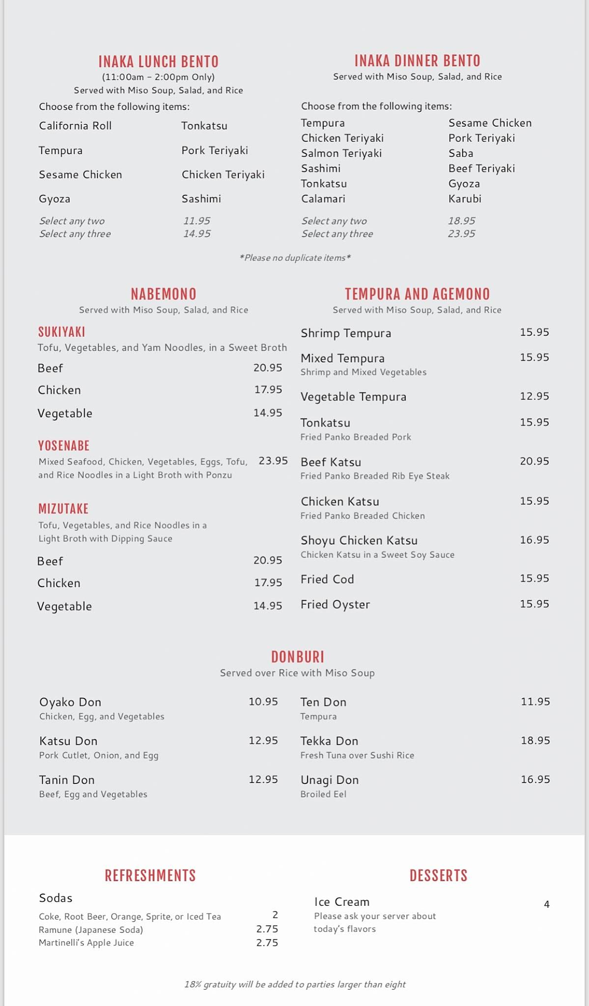 Menu at Inaka Japanese Restaurant, San Juan Bautista
