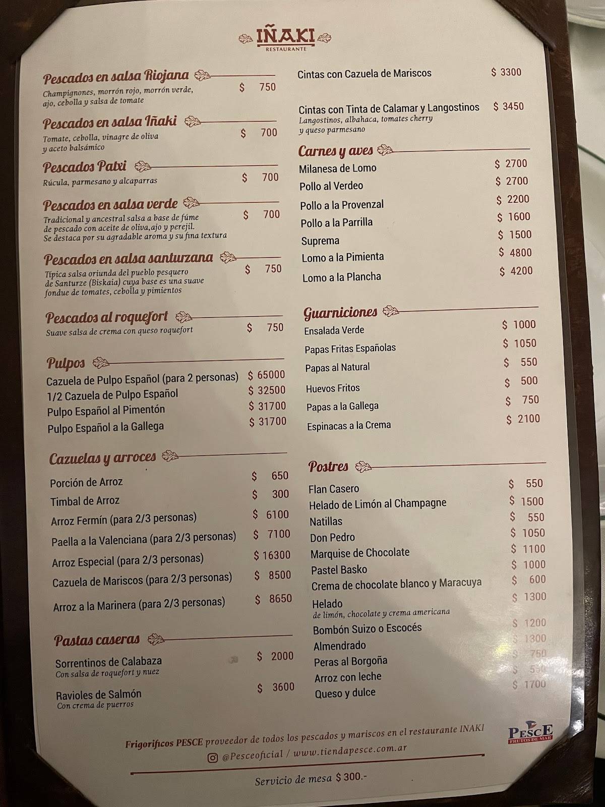 Carta de Iñaki Restaurante, Buenos Aires