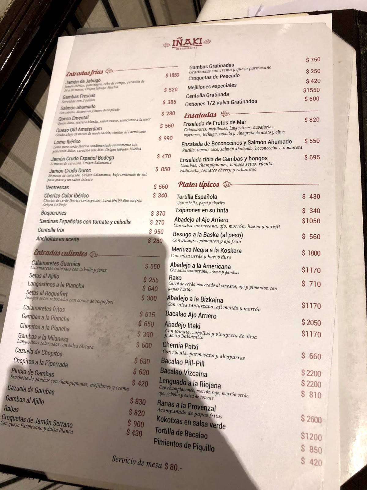 Carta de Iñaki Restaurante, Buenos Aires