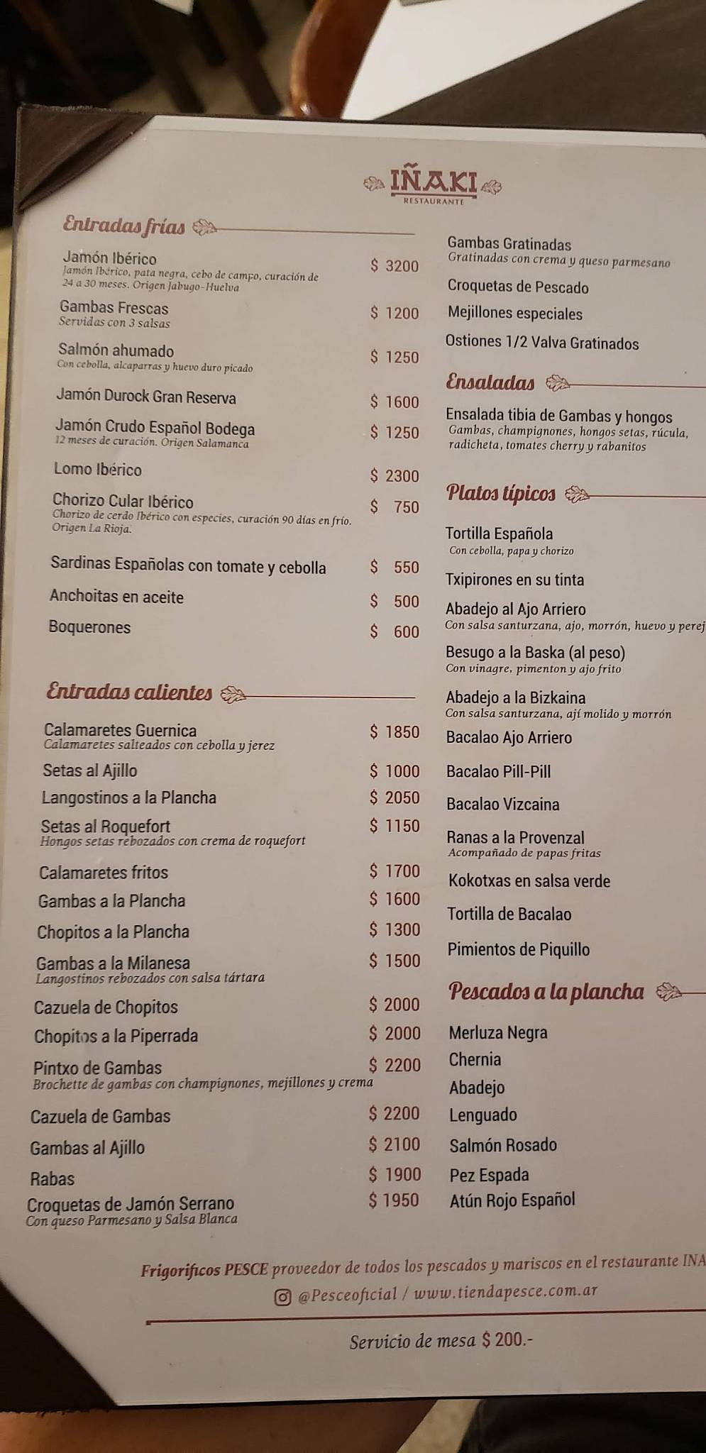 Carta de Iñaki Restaurante, Buenos Aires