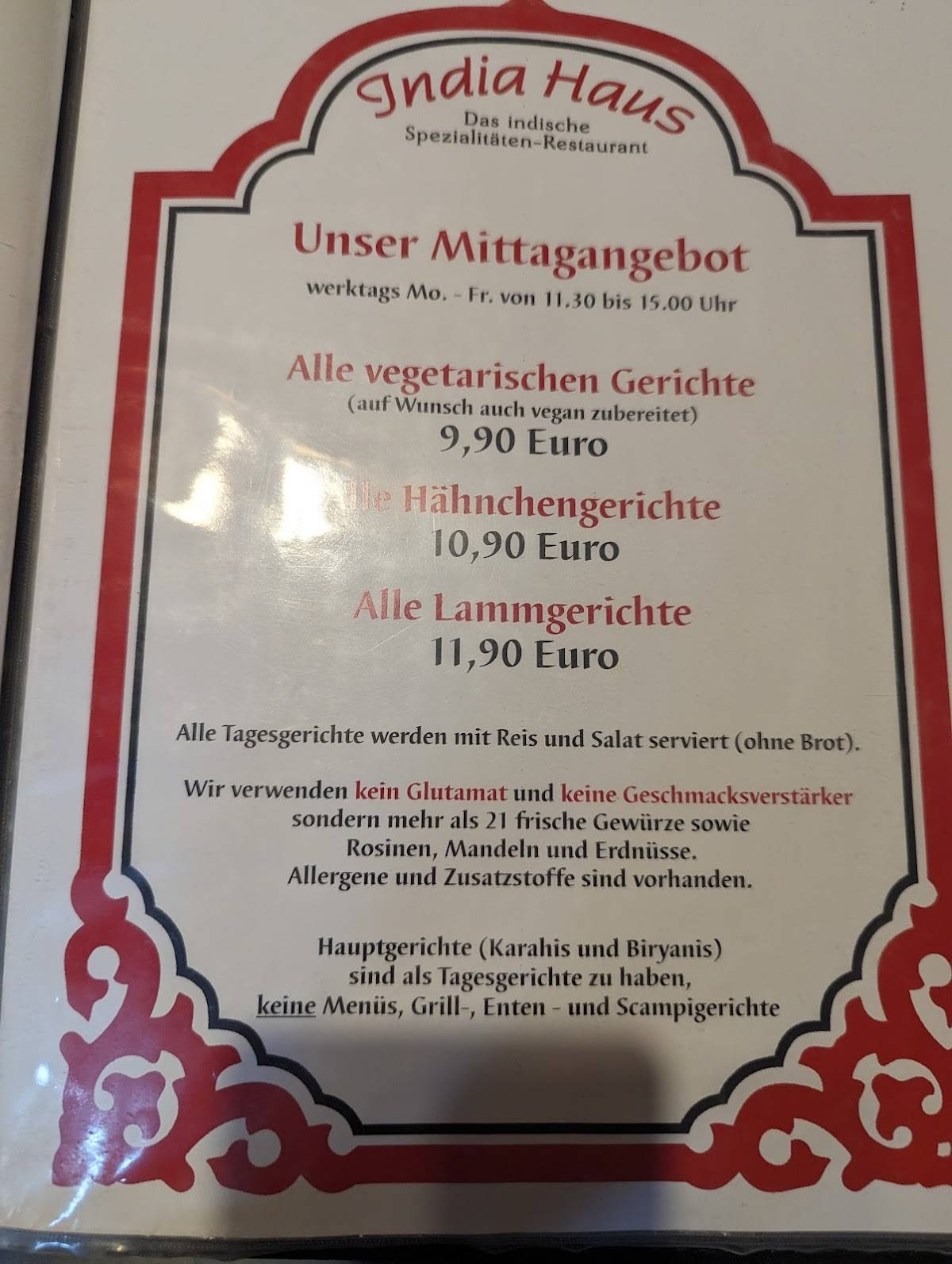 India Haus Werder Speisekarte