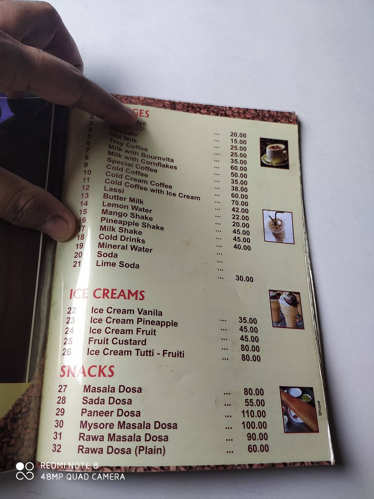 Menu at Indian Coffee House, Bhopal, Sanchi Complex