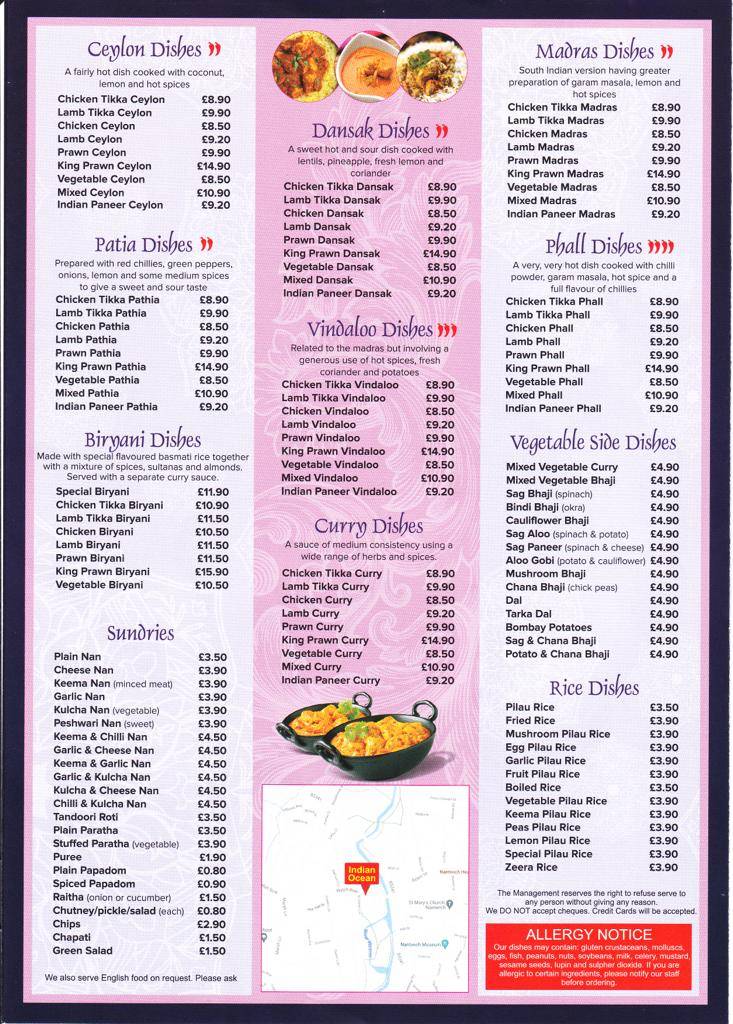 Menu at Indian Ocean restaurant, Nantwich