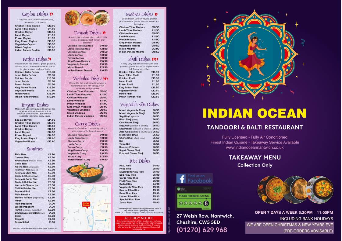 Menu at Indian Ocean restaurant, Nantwich