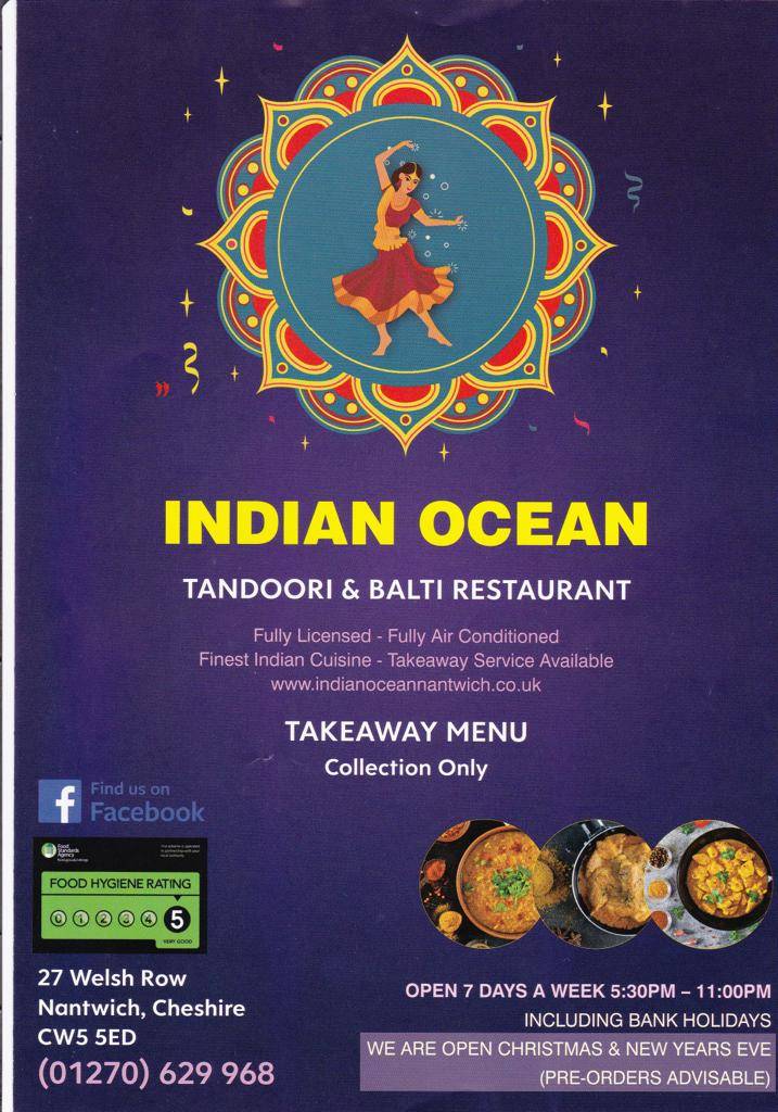 Menu at Indian Ocean restaurant, Nantwich