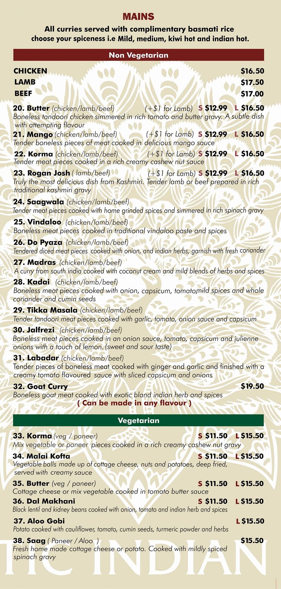 Menu at Indian Pavilion restaurant, Tauranga