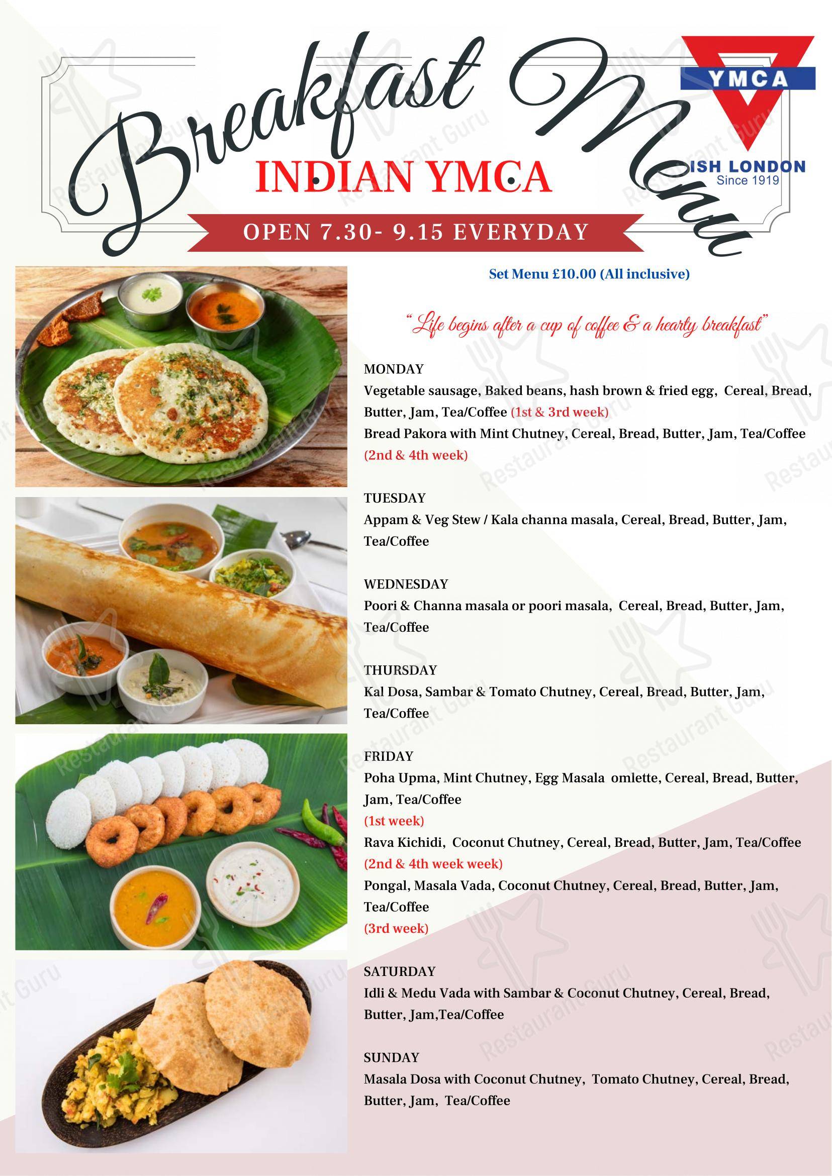 Menu at Indian YMCA Restaurant, London