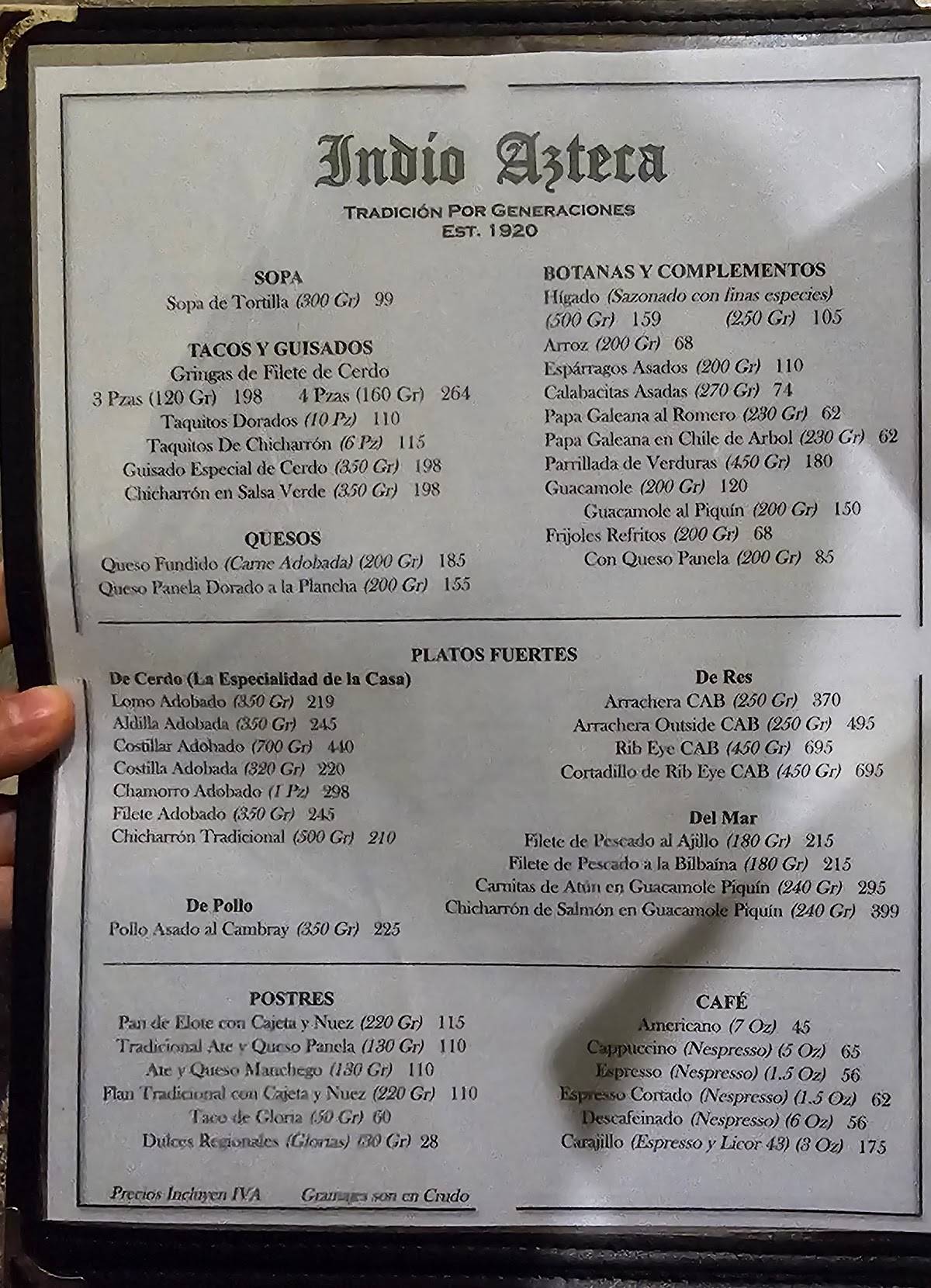 Carta del pub y bar Indio Azteca, Monterrey, Av. Francisco I. Madero 1101