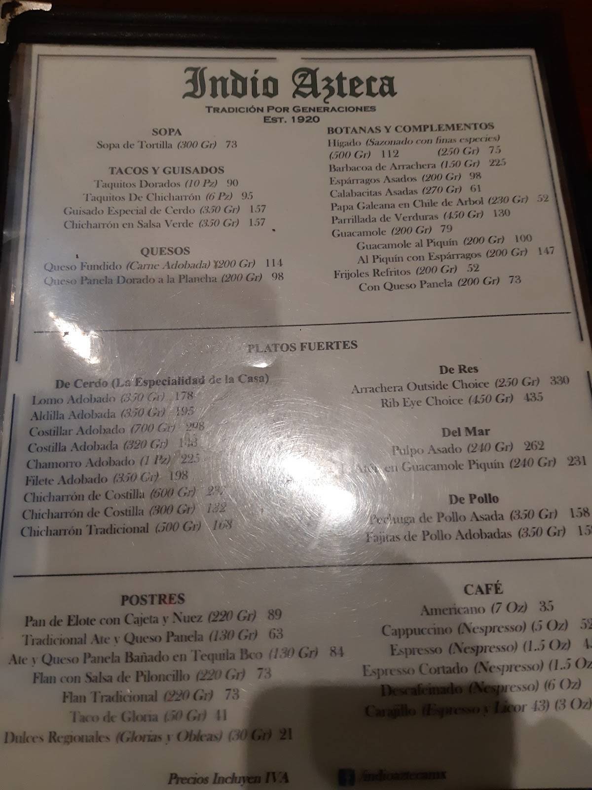 Carta del pub y bar Indio Azteca, Monterrey, Avenida Francisco I ...