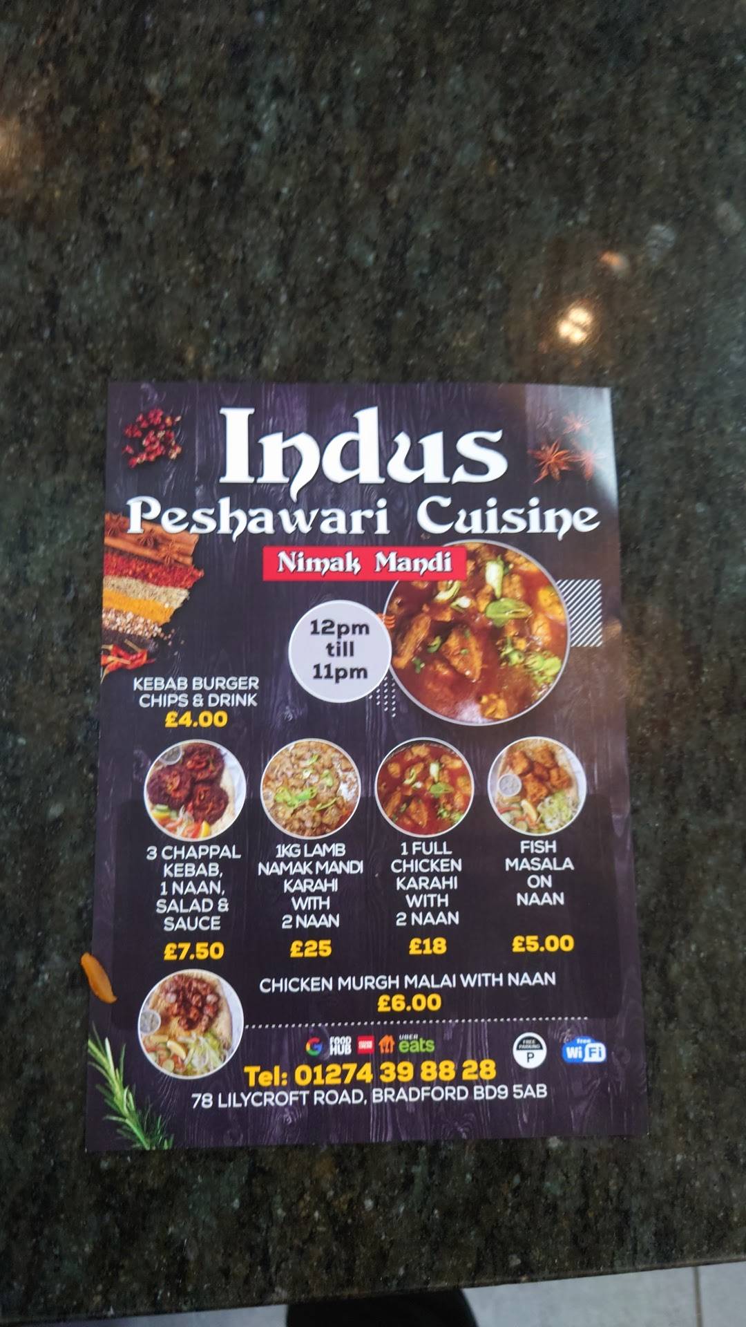 Menu at Indus Peshawari Cuisine restaurant, Bradford