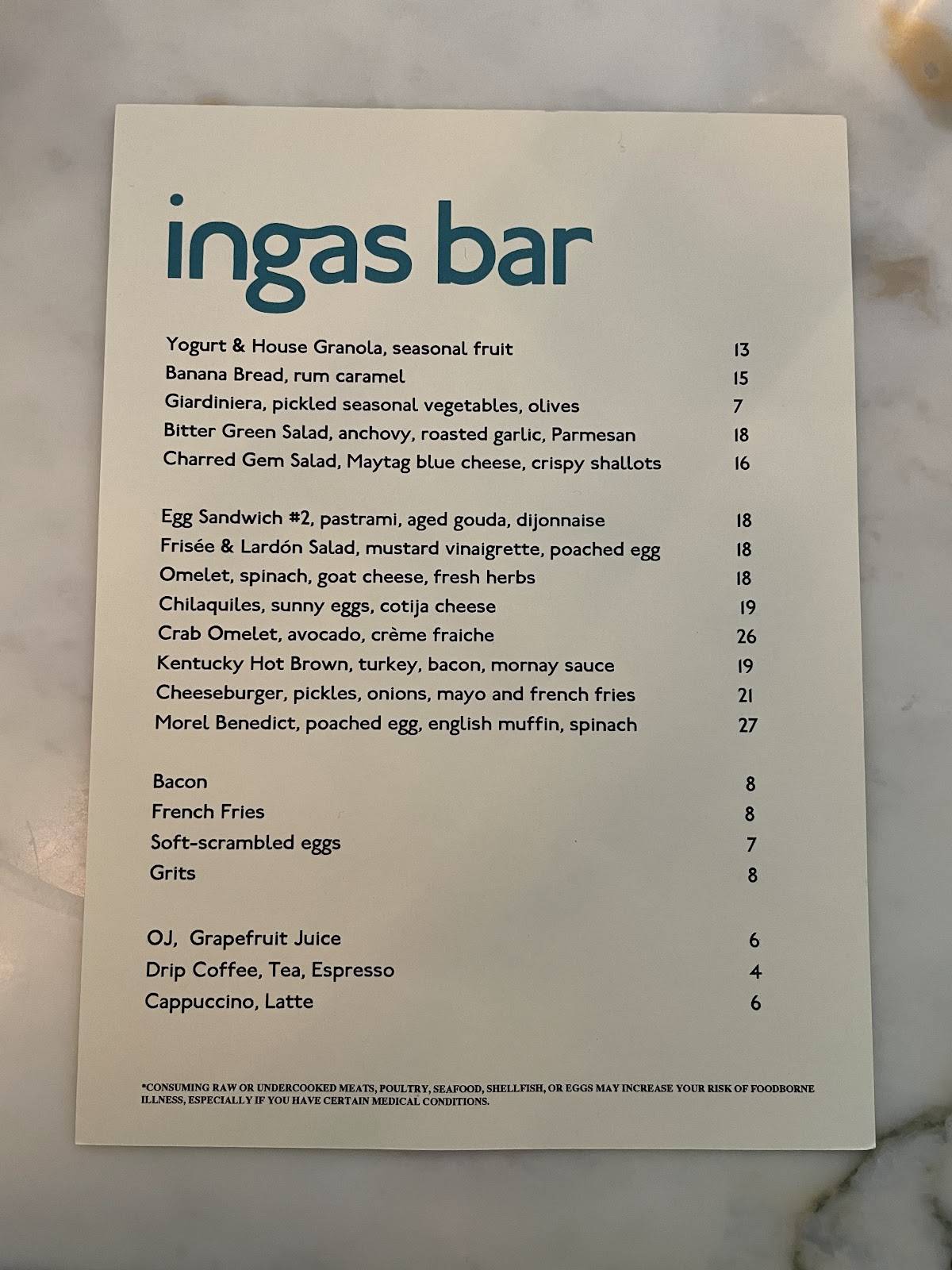 Menu at Ingas Bar, New York City
