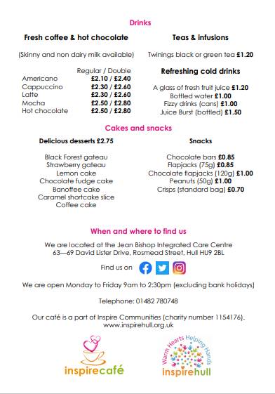 Menu at Inspire Cafe, Hull