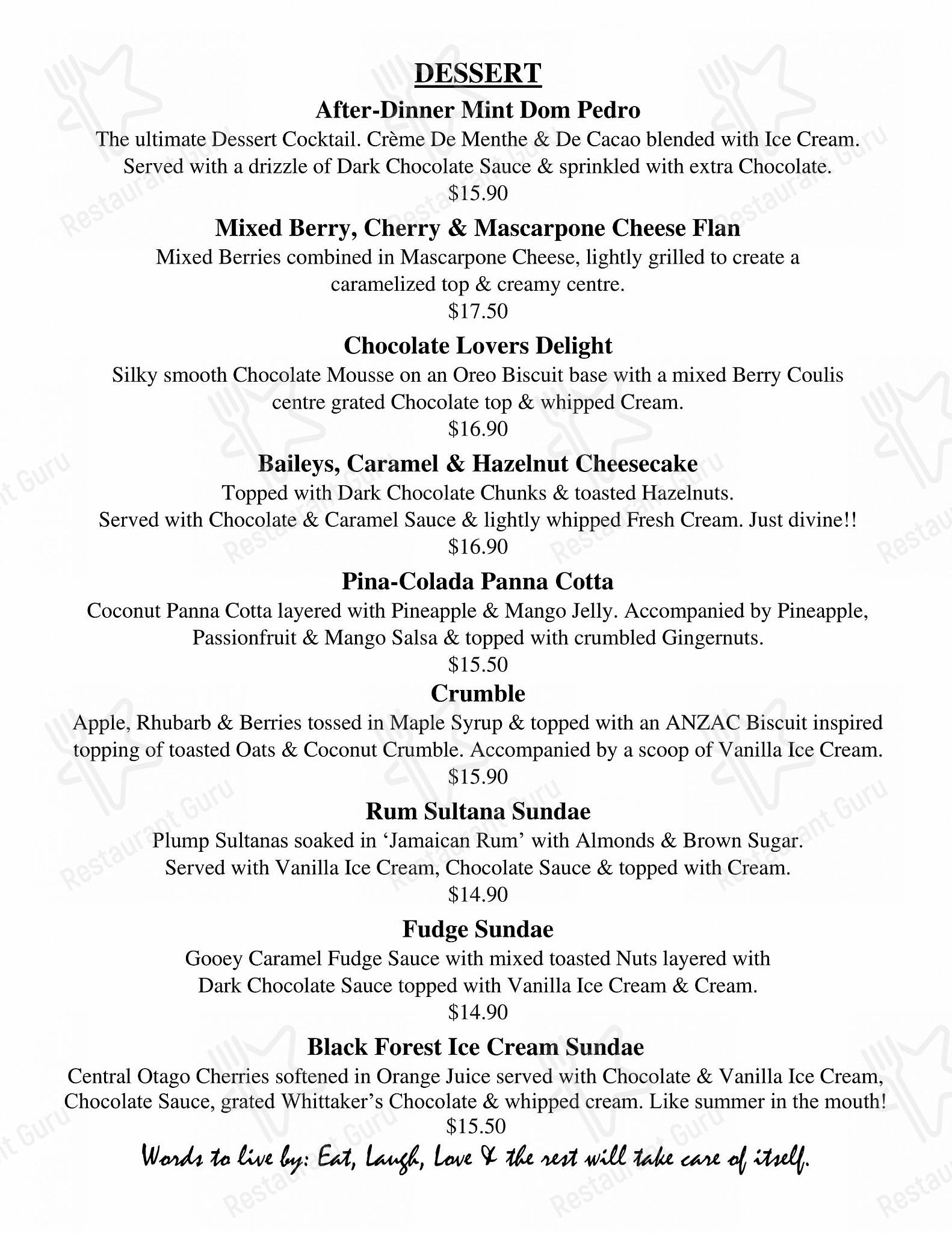 Menu at Elegance at 148 on Elles Restaurant, Invercargill