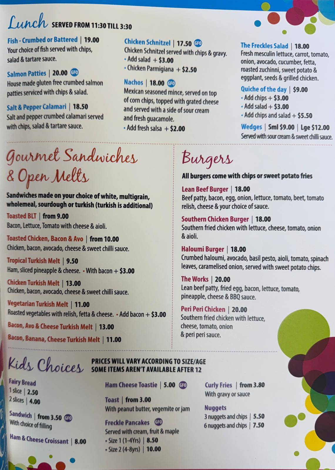Menu at Freckles Cafe, Inverell