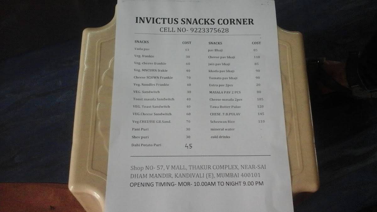 Menu at Invictus Snacks Corner, Mumbai