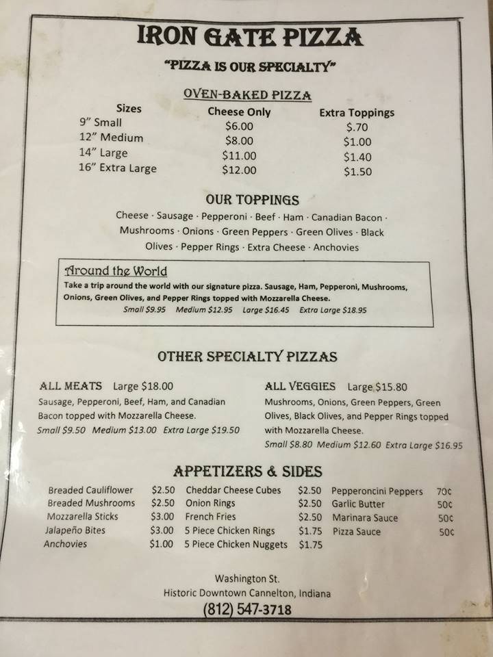 Menu at Iron Gate Pizza pizzeria, Cannelton