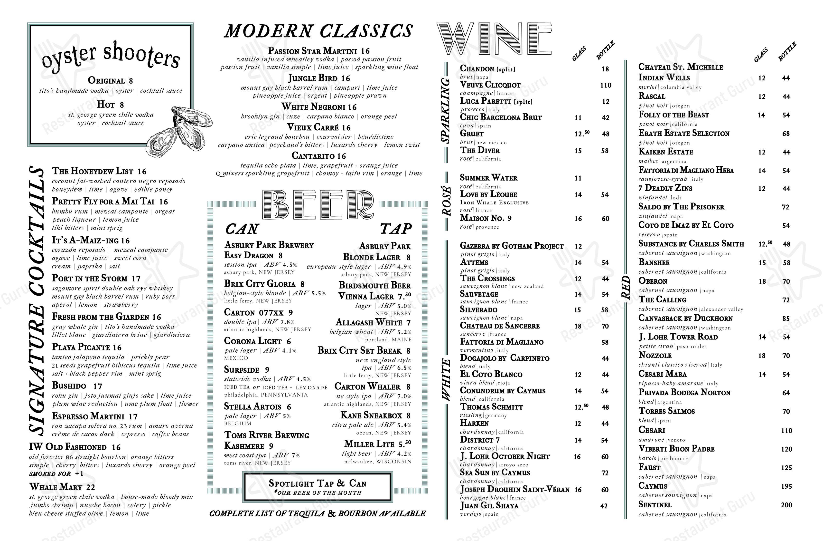 Menu at Iron Whale restaurant, Asbury Park