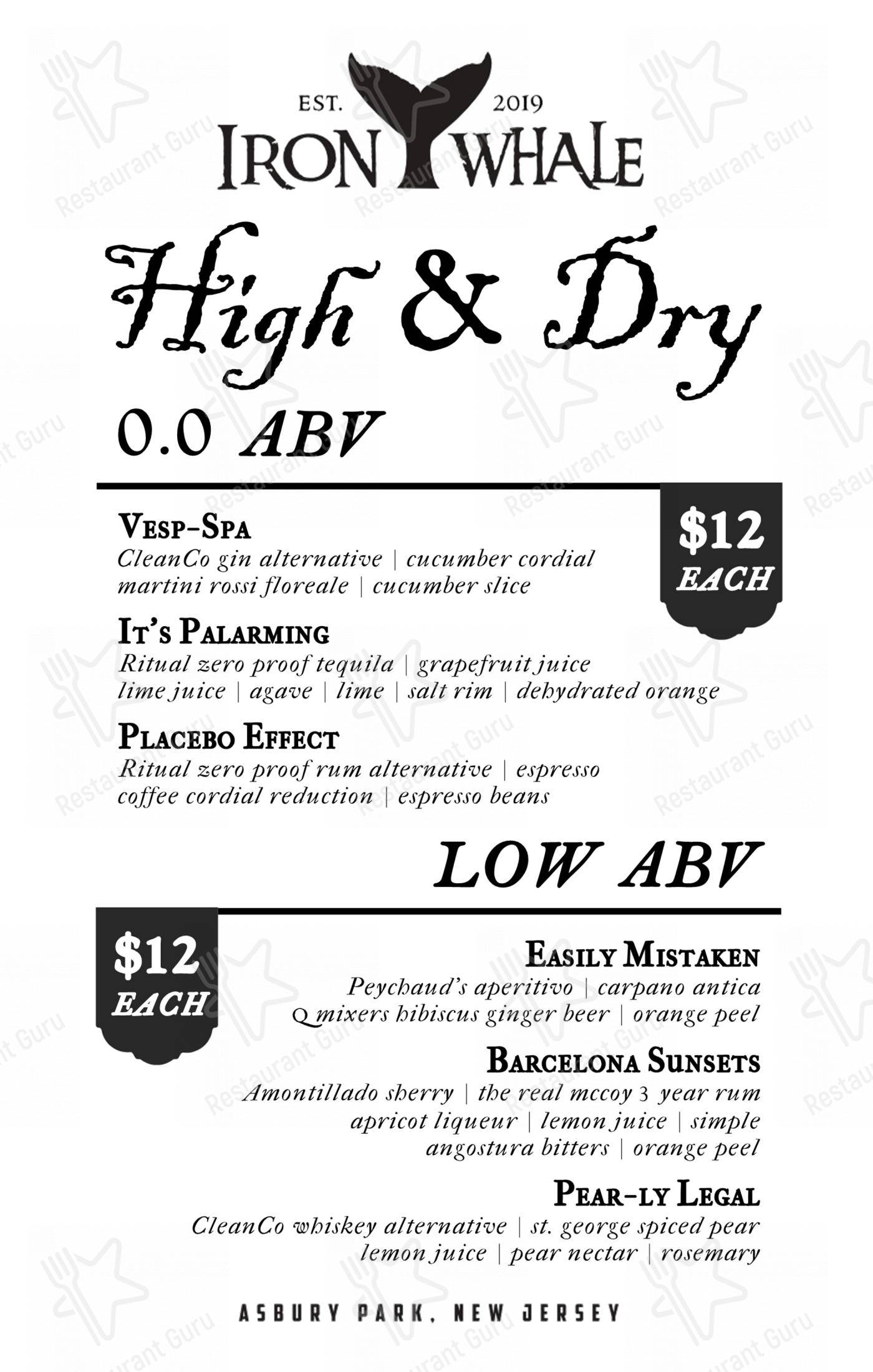 Menu at Iron Whale restaurant, Asbury Park