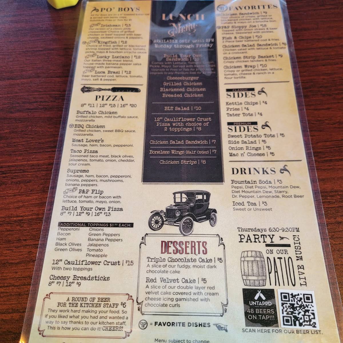 Menu at Patties & Pints pub & bar, Ironton