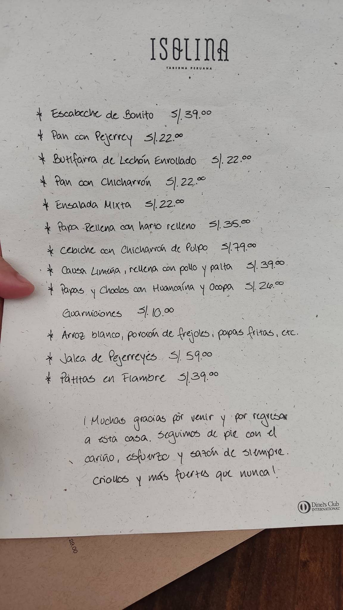 Carta del restaurante Isolina Taberna Peruana, Barranco