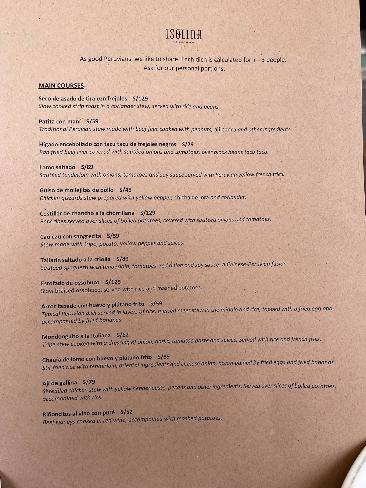 Carta del restaurante Isolina Taberna Peruana, Barranco