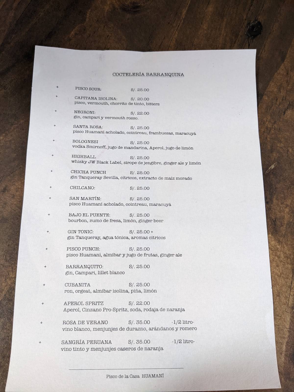 Carta del restaurante Isolina Taberna Peruana, Barranco