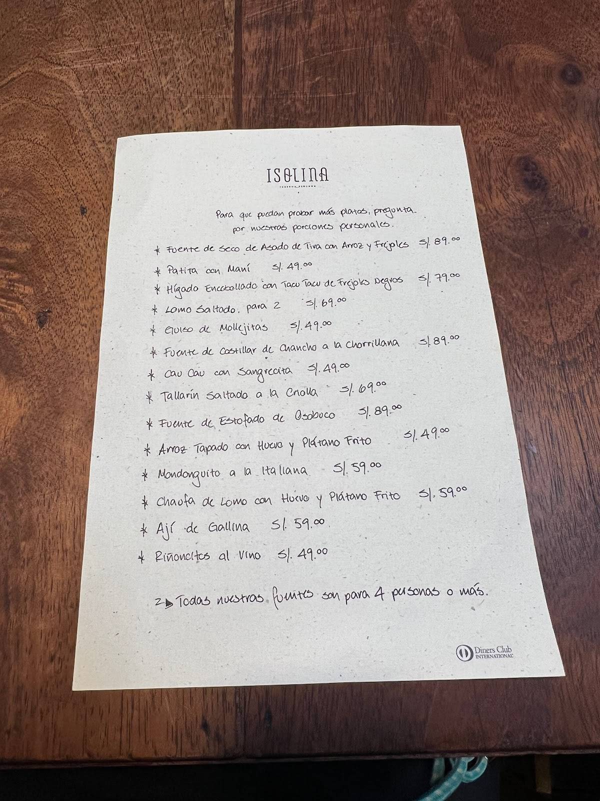 Carta del restaurante Isolina Taberna Peruana, Barranco