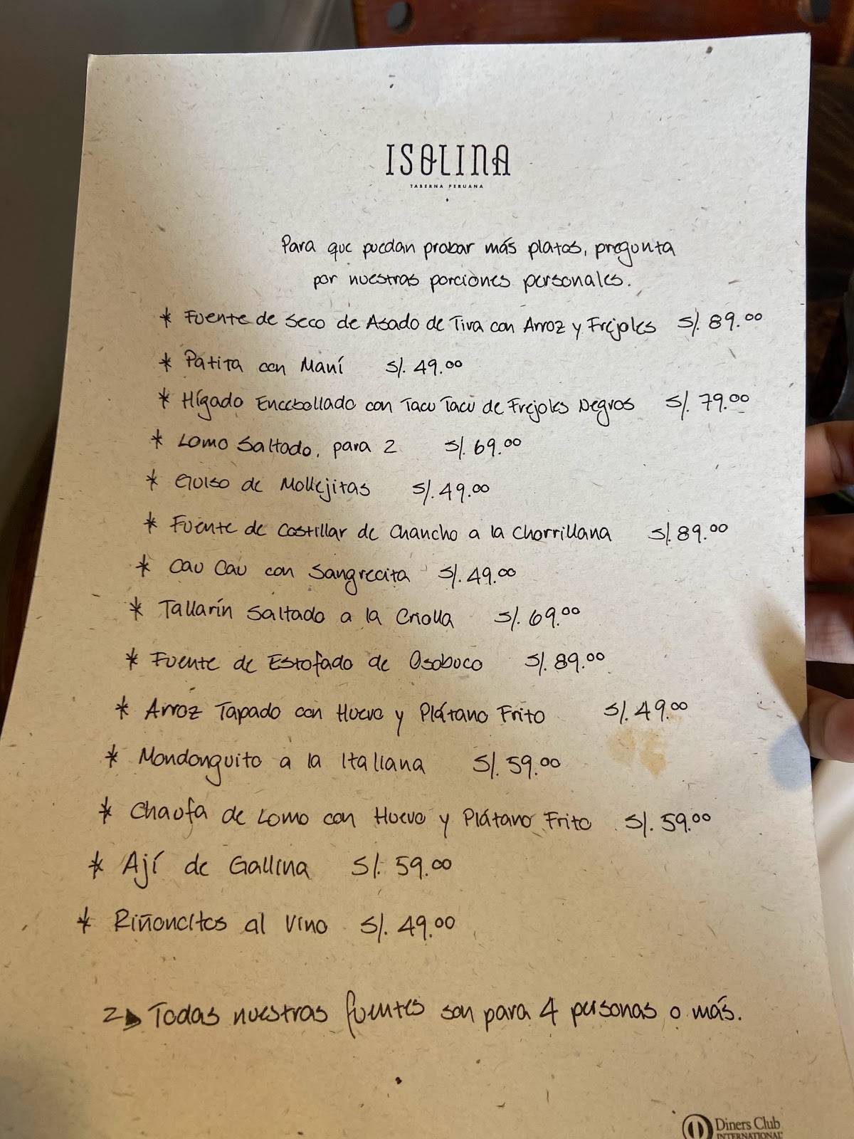 Carta del restaurante Isolina Taberna Peruana, Barranco