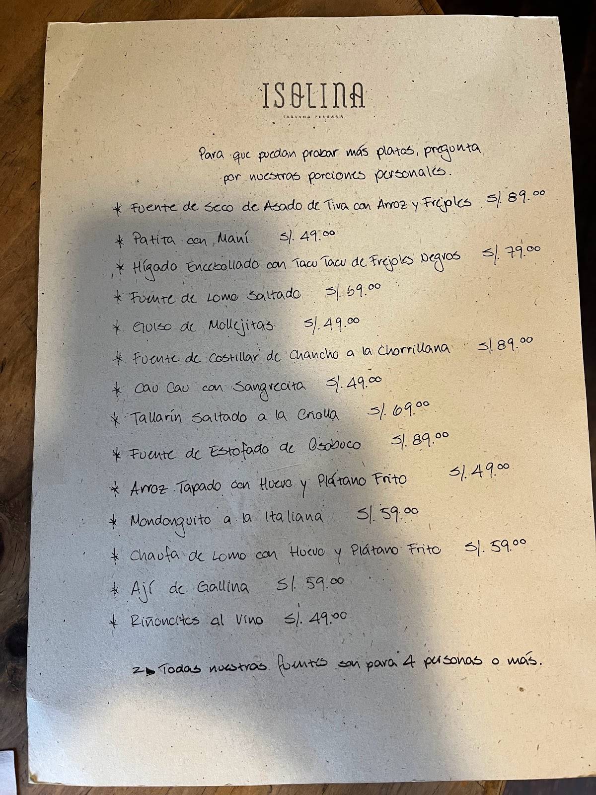Carta del restaurante Isolina Taberna Peruana, Barranco