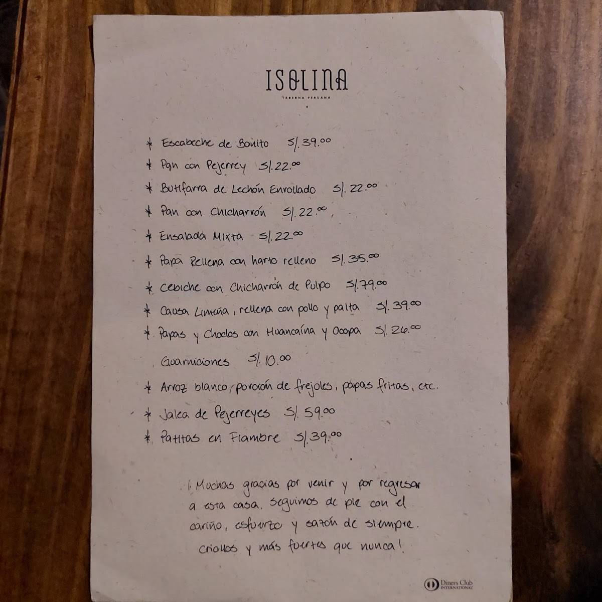 Carta del restaurante Isolina Taberna Peruana, Barranco