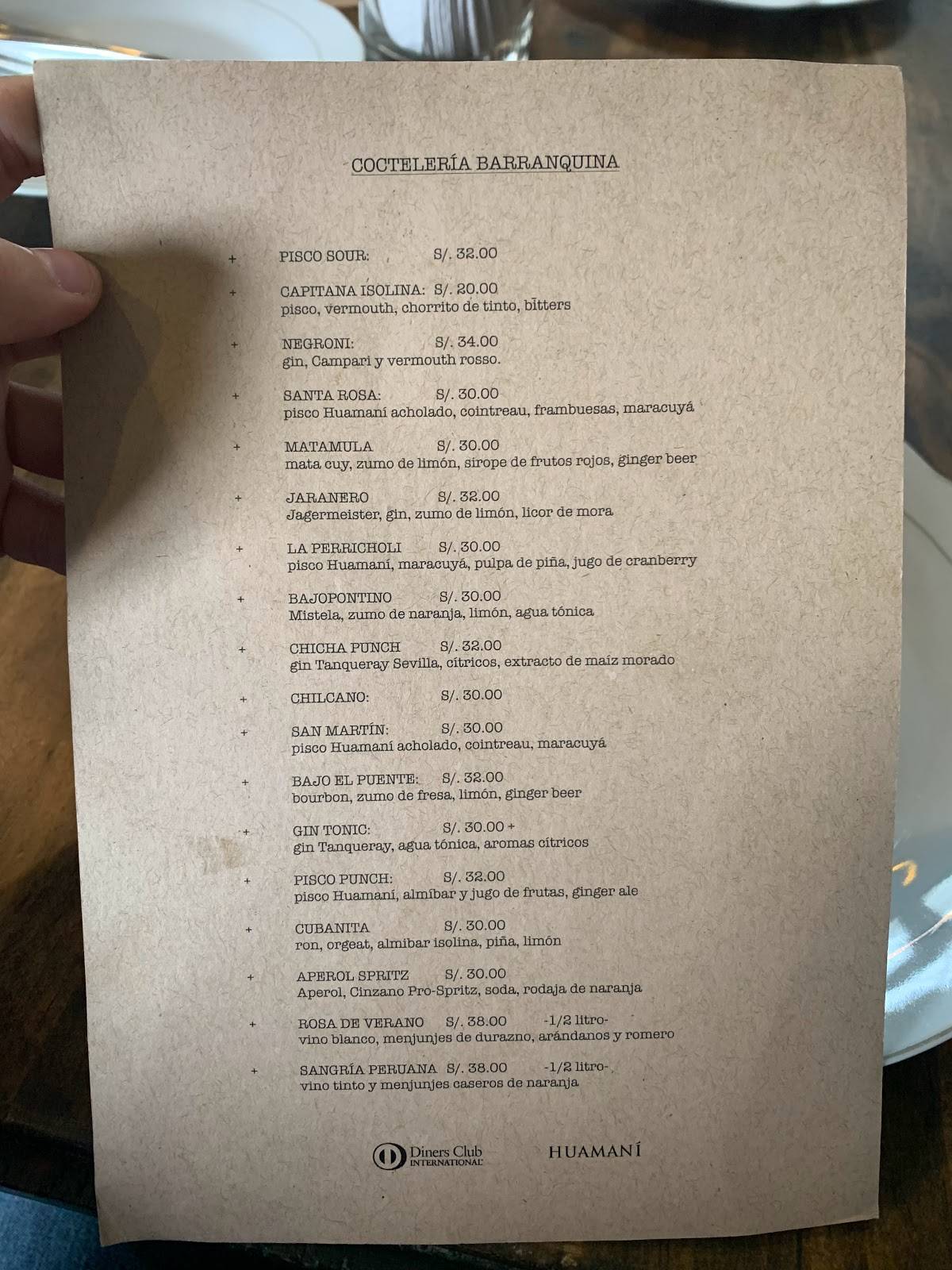 Carta del restaurante Isolina Taberna Peruana, Barranco