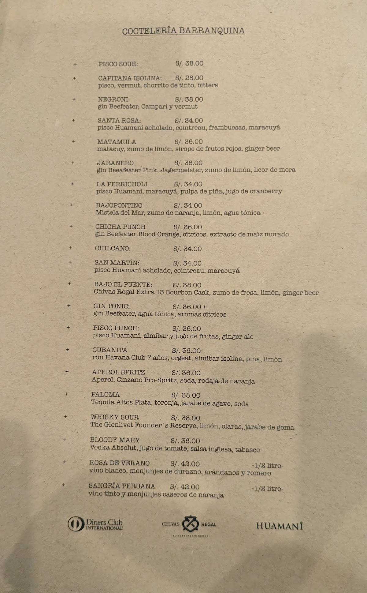 Carta del restaurante Isolina Taberna Peruana, Barranco