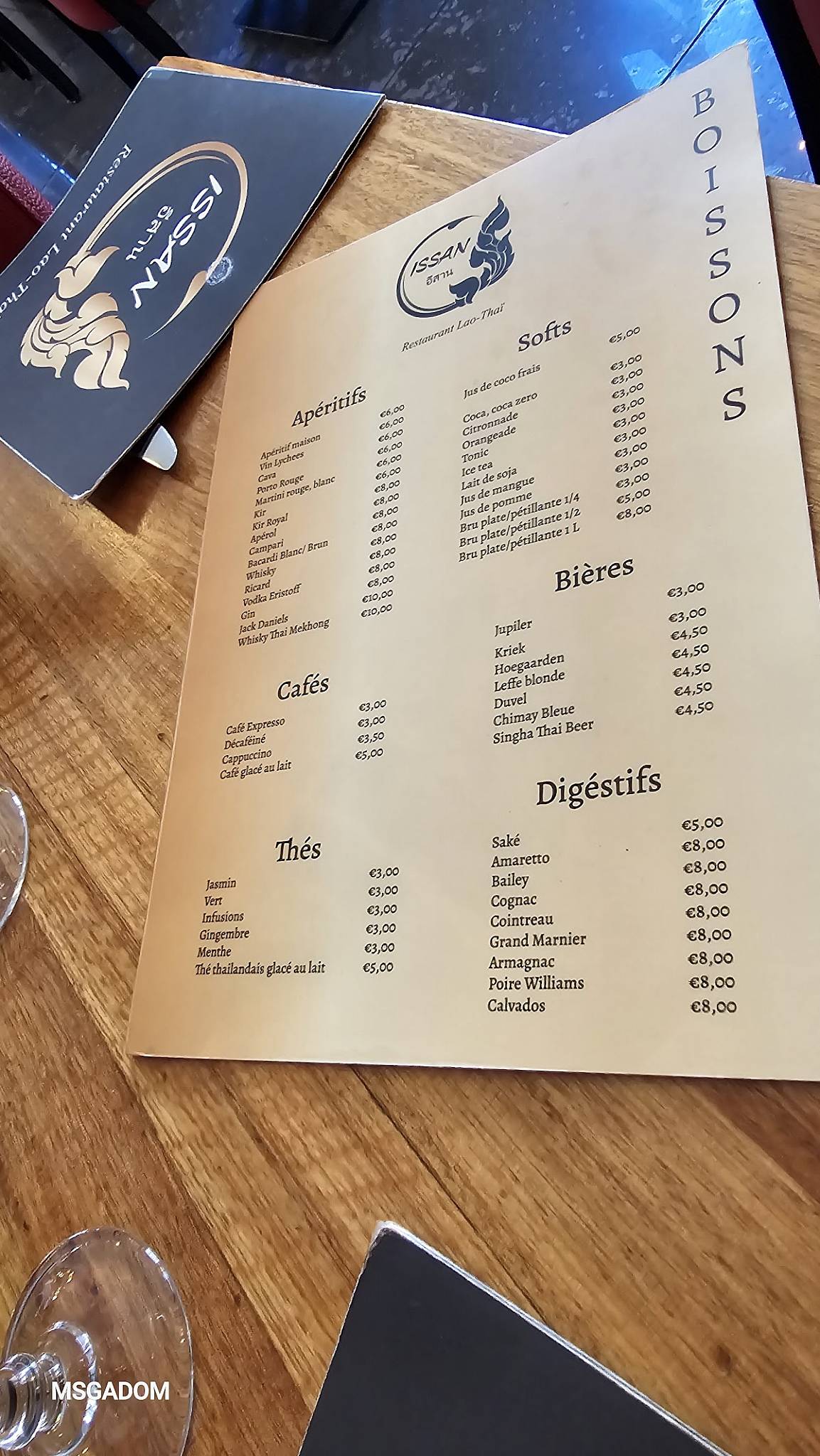 Menu at Issan restaurant, Ixelles