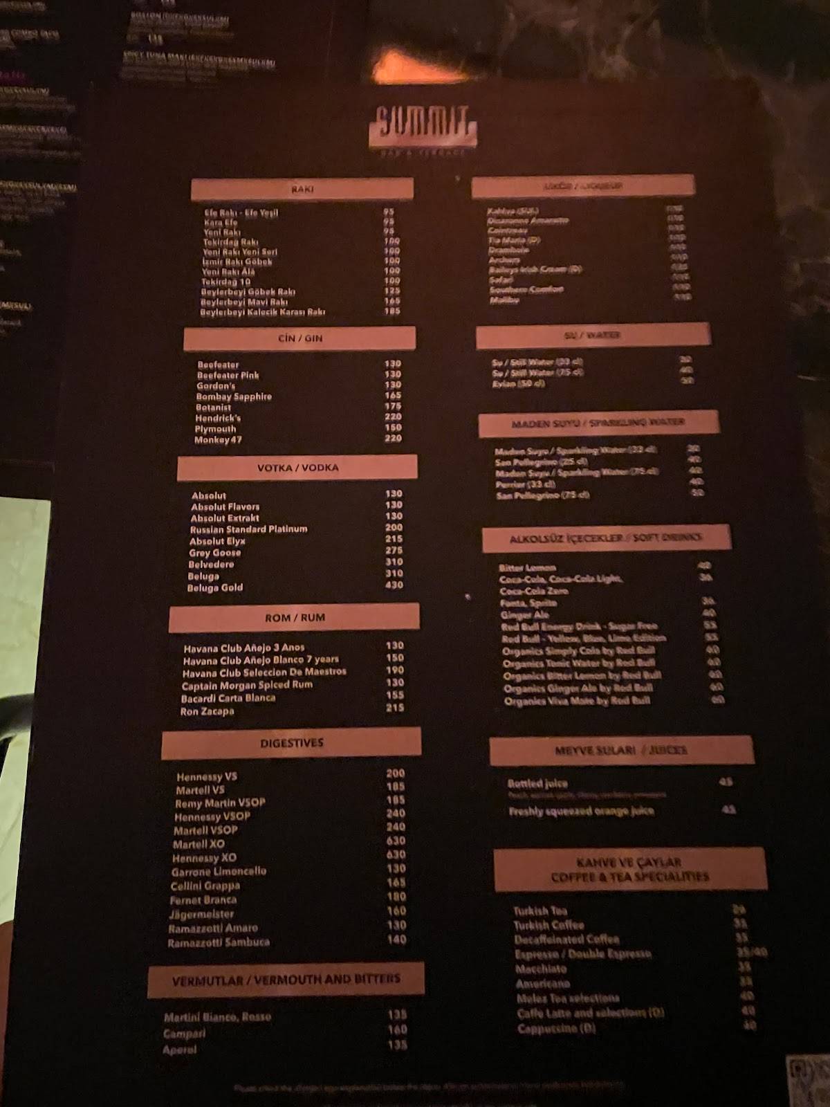 Menu at Summit Bar & Terrace, Istanbul, Cihannüma Mahallesi Saray ...