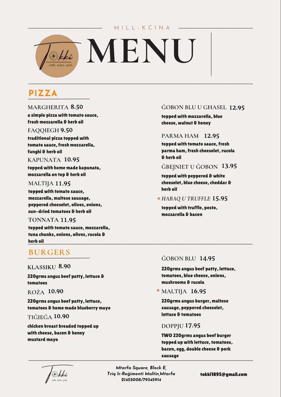 Menu at Tokki restaurant, Imtarfa