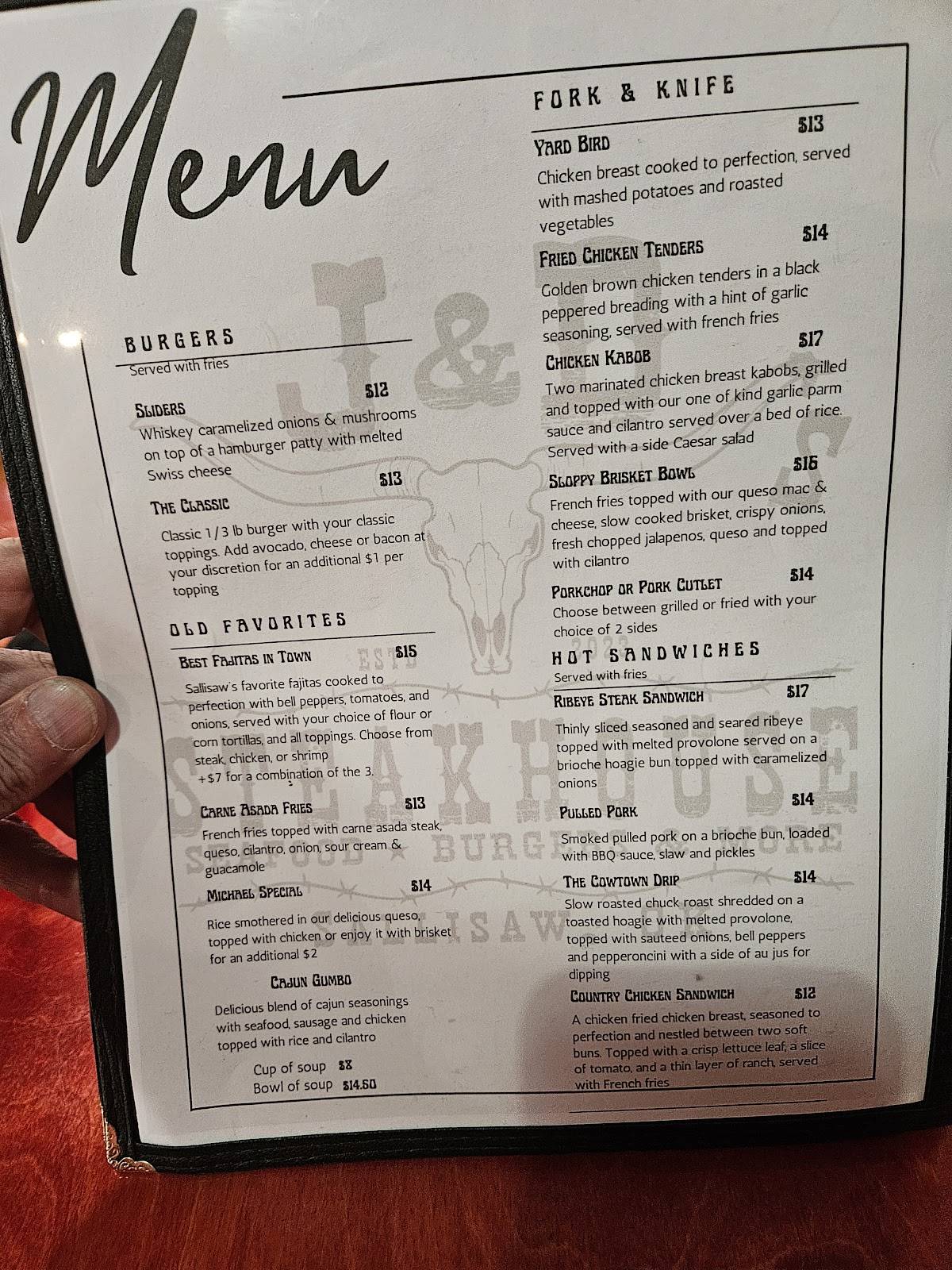 Menu at J&D’s Steakhouse, Sallisaw