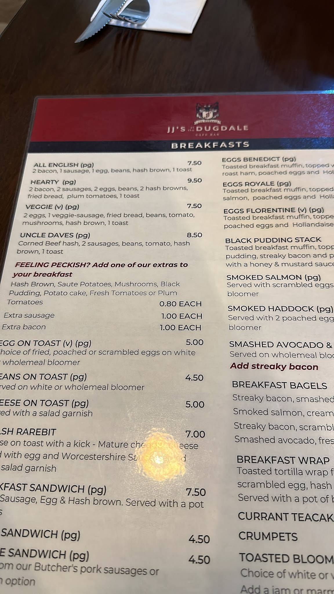 Menu at JJ’s Burnley at The Dugdale cafe, Burnley