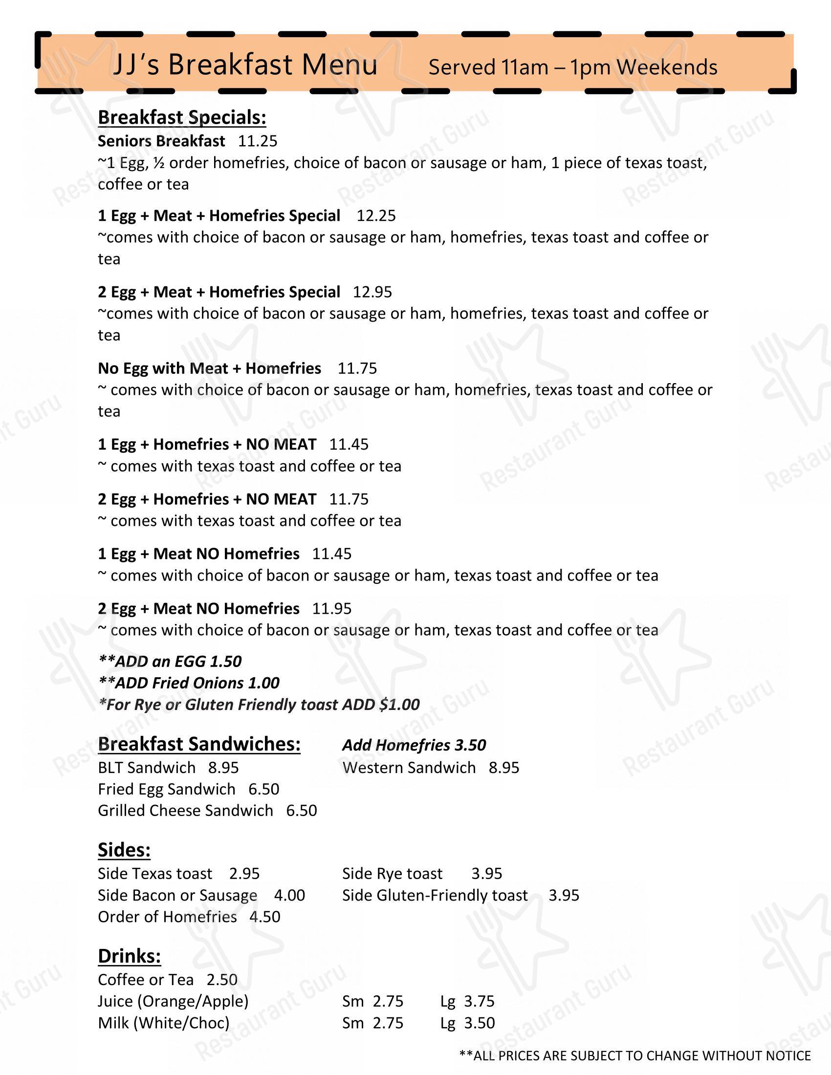 Menu at JJ’s Country Diner pizzeria, Athens